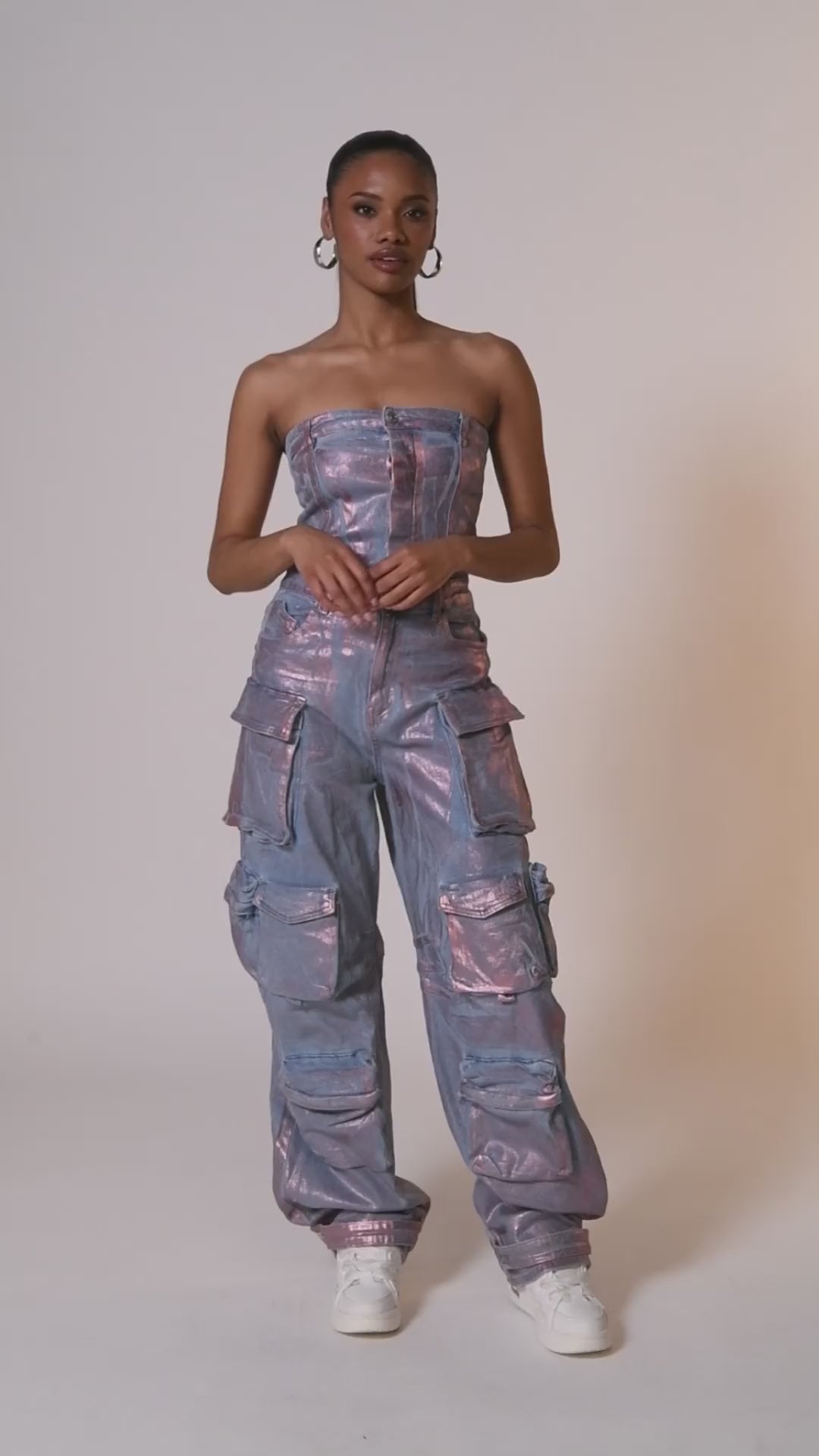 STAR OF THE SHOW METALLIC DENIM JUMPSUIT IN ROSE GOLD – AKIRA