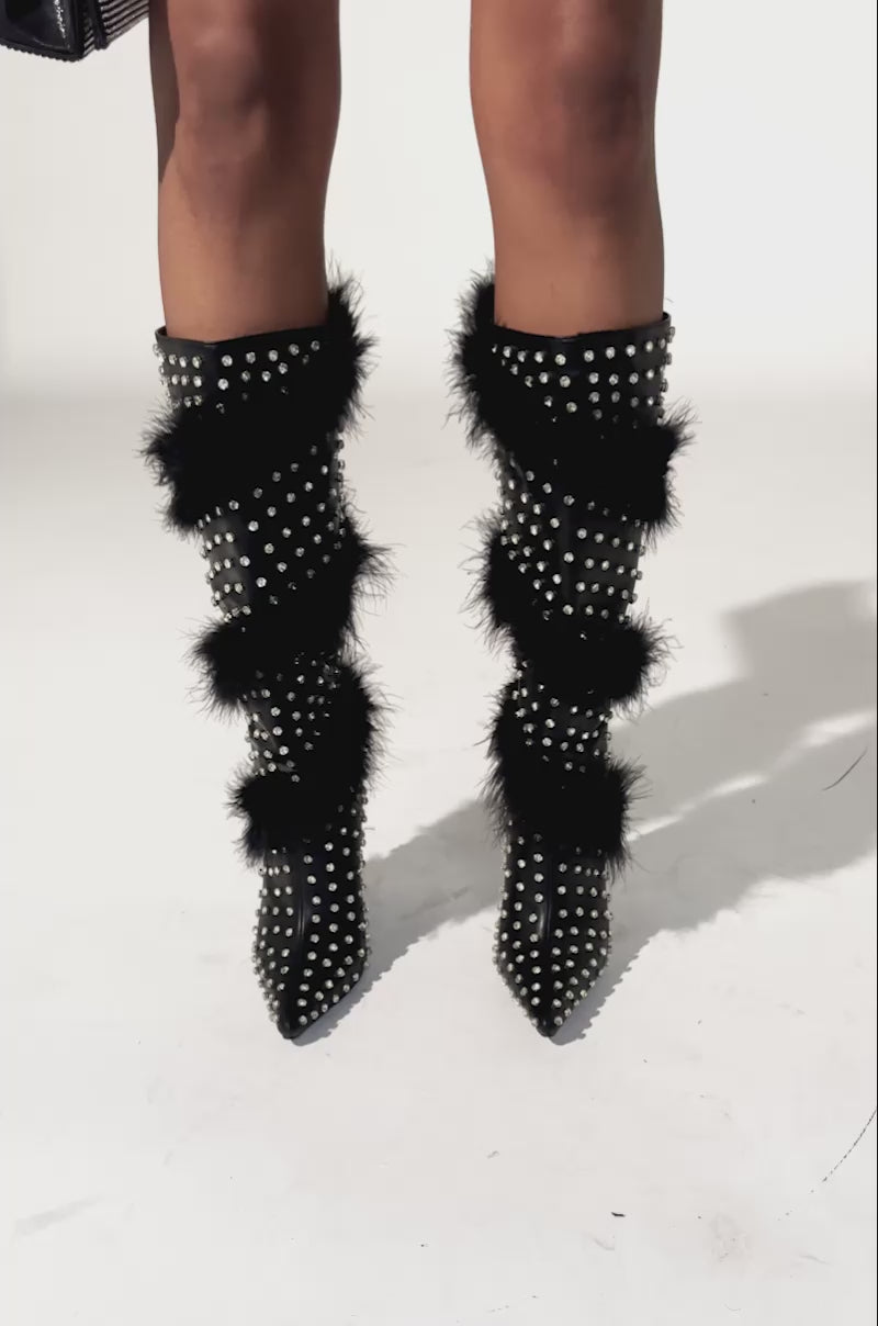 AZALEA WANG GARDENIA FEATHER EMBELLISHED BOOT IN BLACK – AKIRA