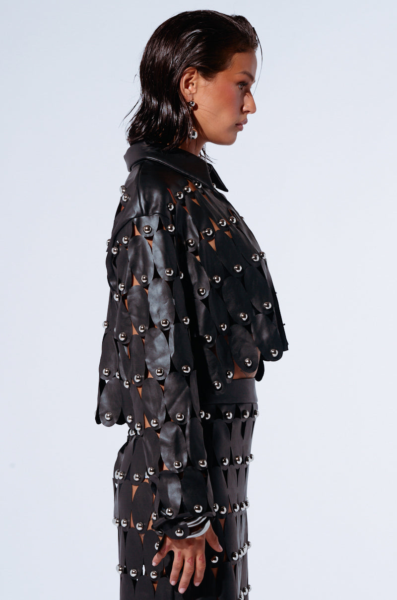 THE SNEAK PEEK STUDDED PU BLOUSE IN BLACK – AKIRA