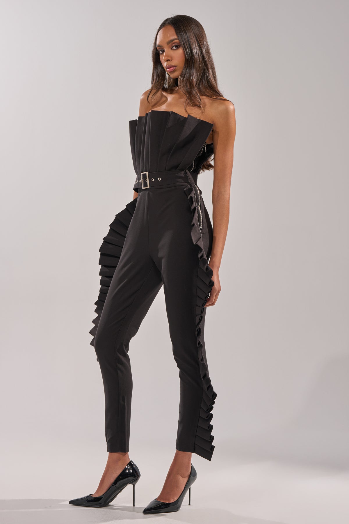 RUFFLE MY FEATHERS BLACK JUMPSUIT – AKIRA
