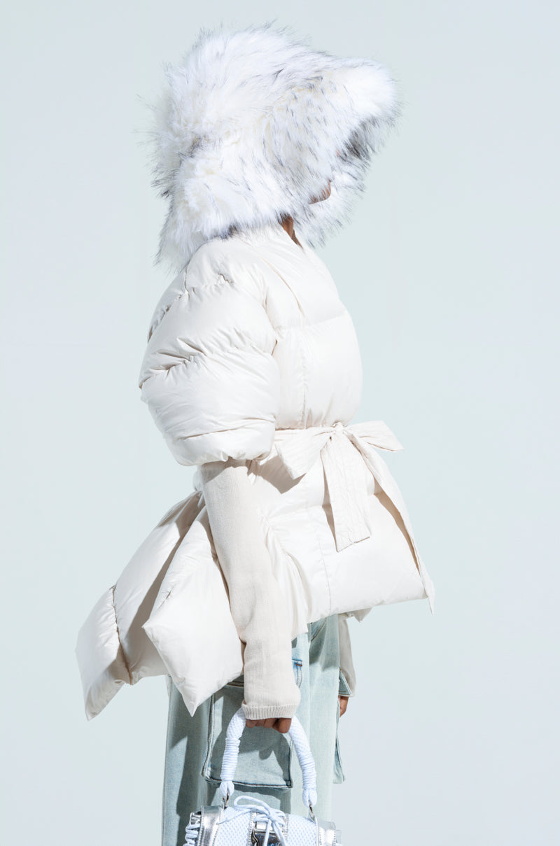 Rib Sleeve Peplum Puffer In Ivory Akira