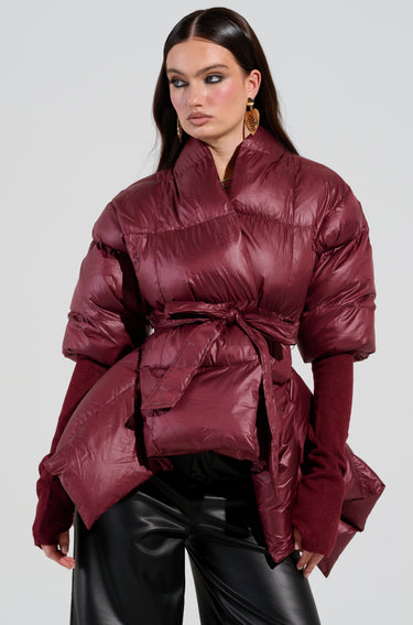 Rib Sleeve Peplum Puffer In Burgundy Akira