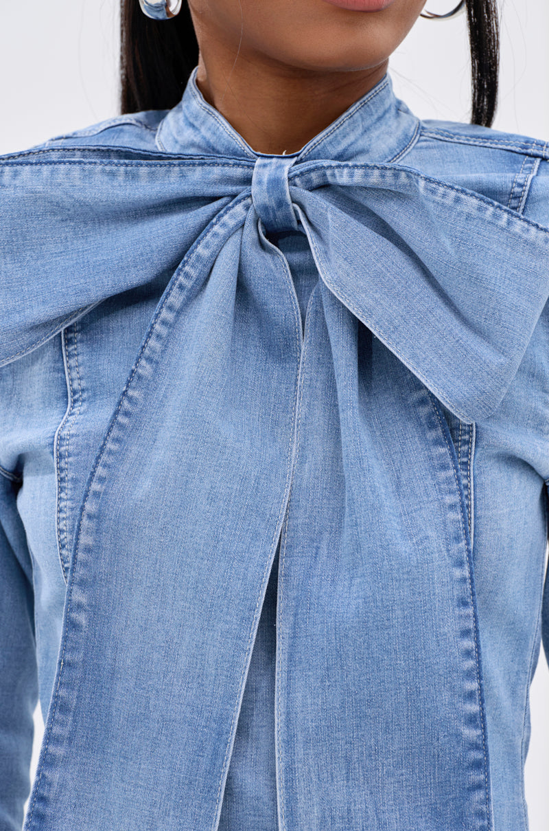 BOW DOWN BISH DENIM LONG SLEEVE TOP – AKIRA