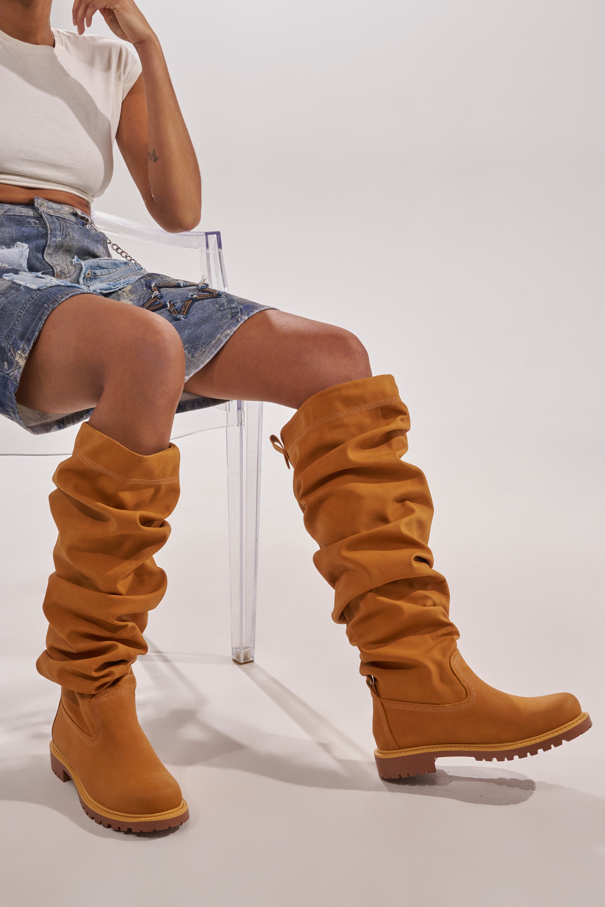 AKIRA GOLD ARDIS TAN RUCHED FLAT BOOT