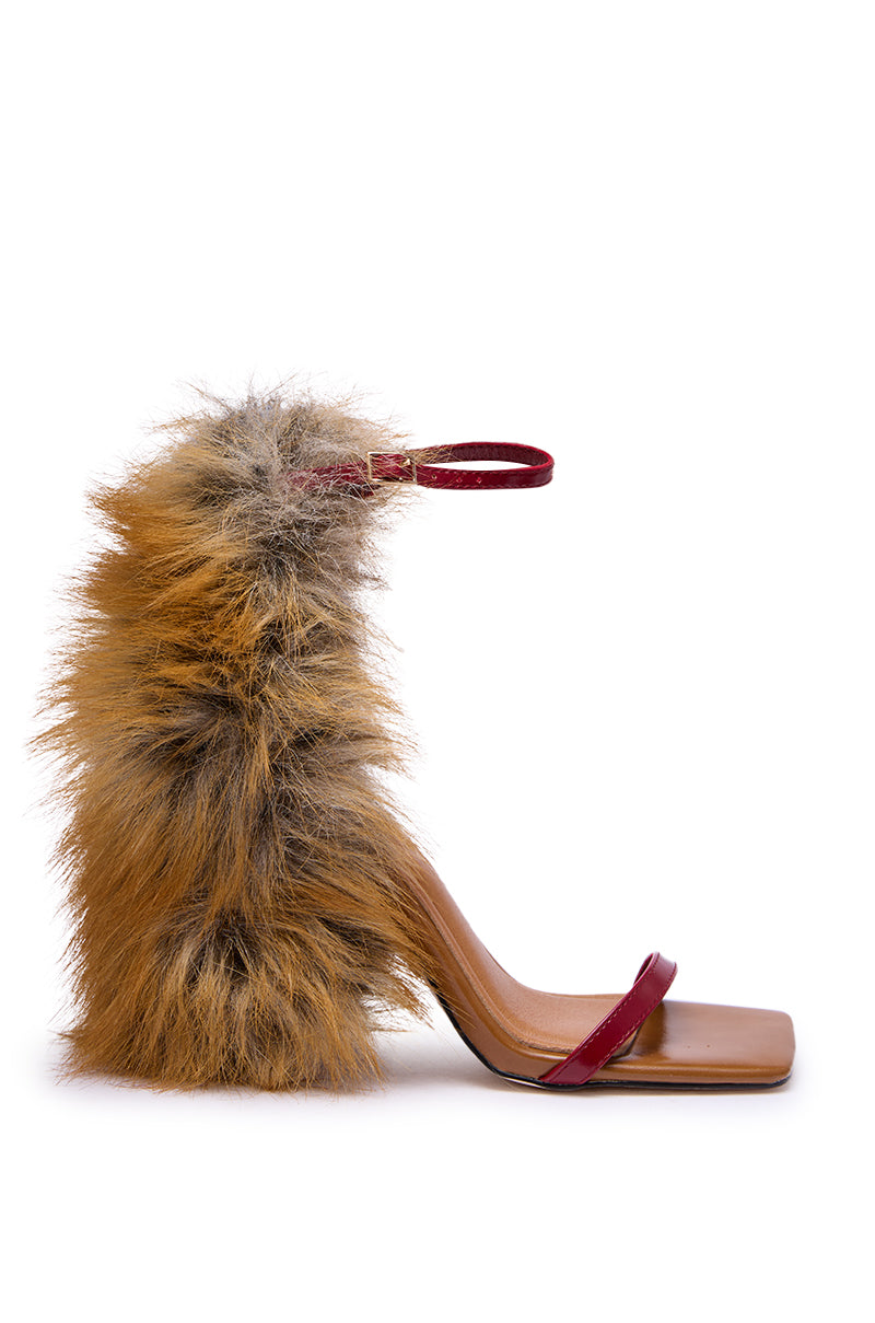 AZALEA WANG ARETTE RED FOX FUR CHUNKY HEEL STRAP SANDAL – AKIRA