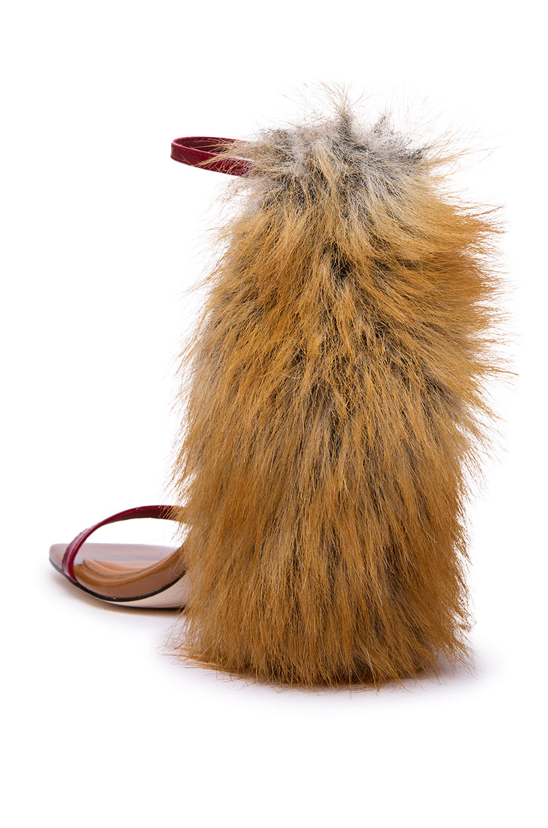 AZALEA WANG ARETTE RED FOX FUR CHUNKY HEEL STRAP SANDAL – AKIRA