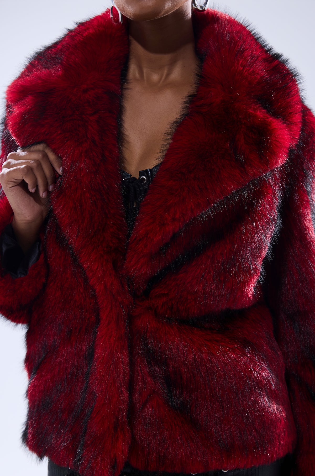 NO LOOKING BACK FAUX FUR IN RED MULTI – AKIRA