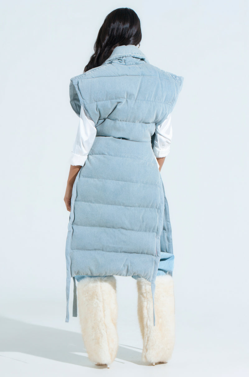 PILOT JONES LONG LINE PUFFER VEST IN DENIM – AKIRA