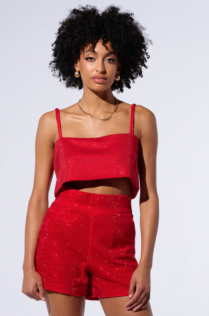 POP STAR HOT FIX RHINESTONE CROP TOP IN RED – AKIRA