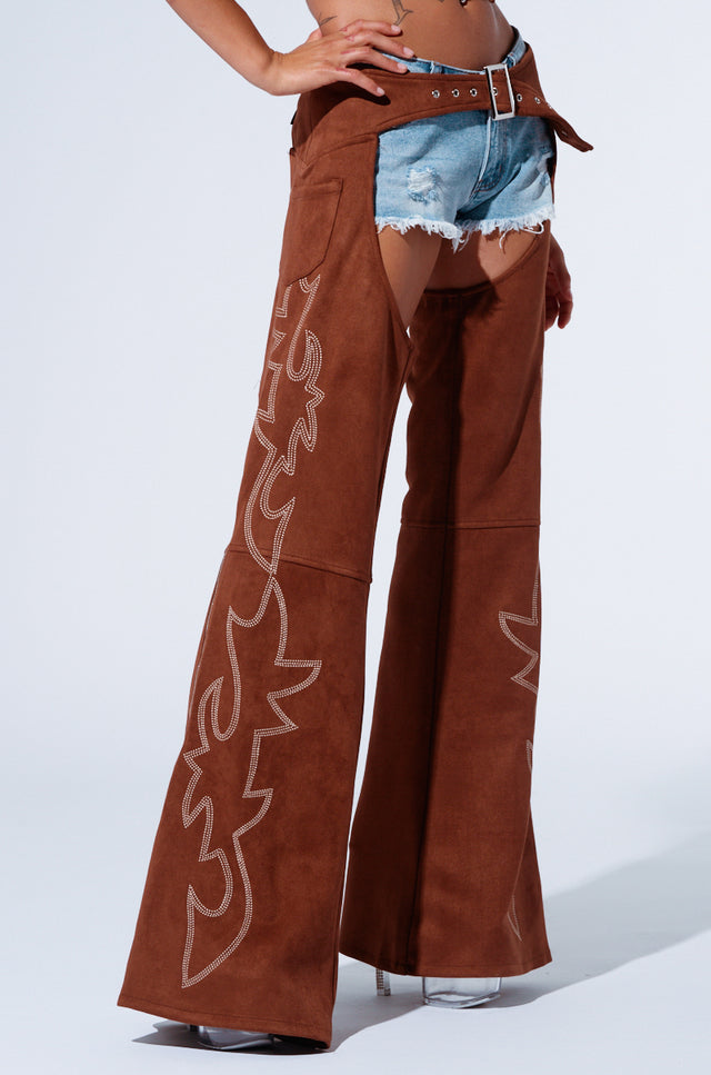 SMOKE HOUR SUEDE CHAPS IN BROWN – AKIRA