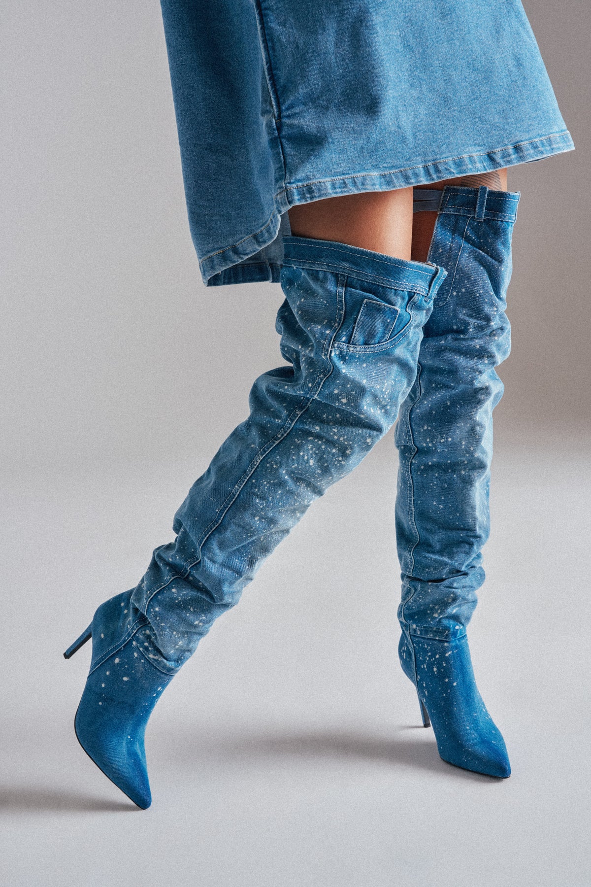 AZALEA WANG JEANNI DENIM SPLATTER PAINTED STILETTO BOOT – AKIRA