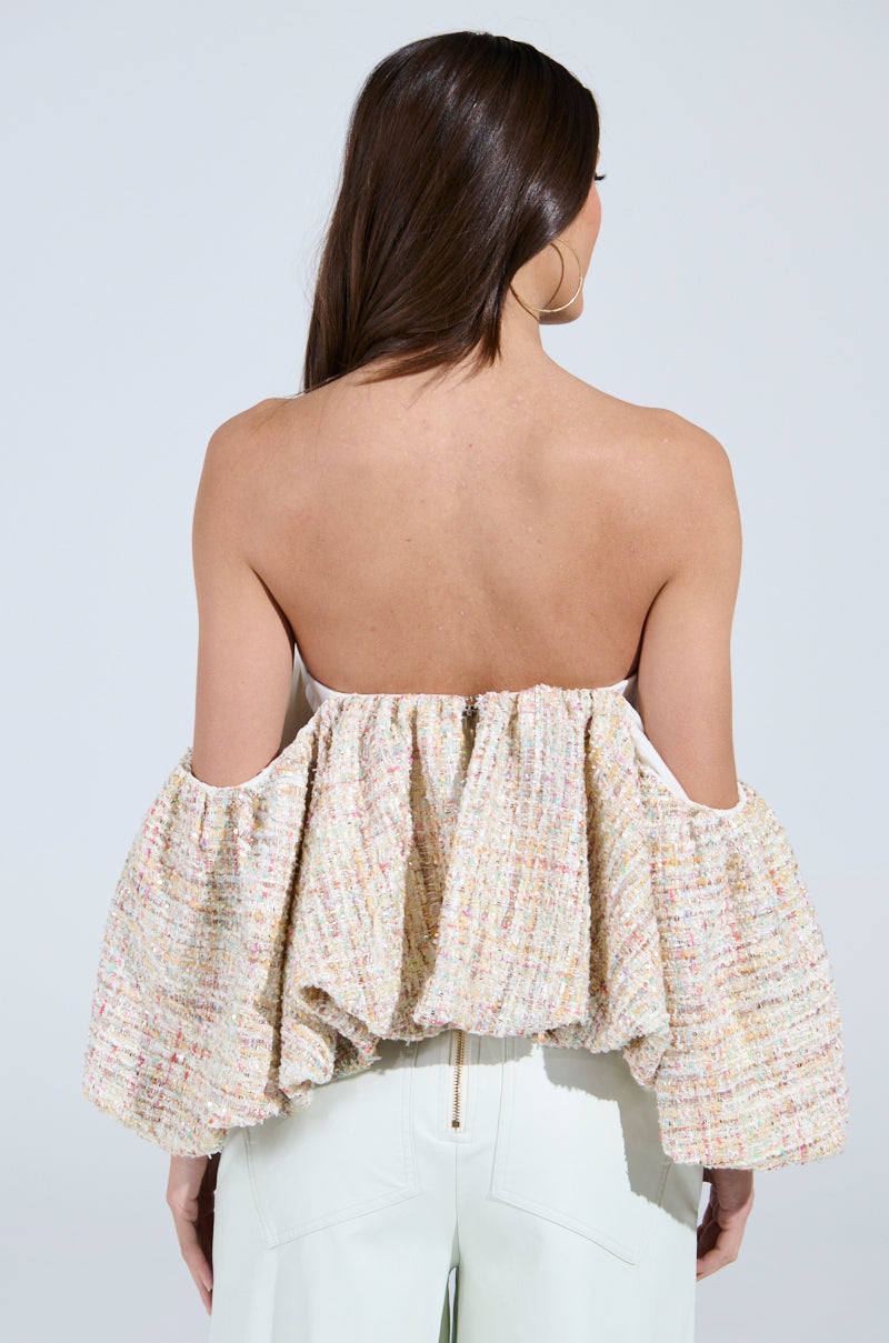 THE PRETTIEST FLOWER TWEED OFF-SHOULDER TOP – AKIRA