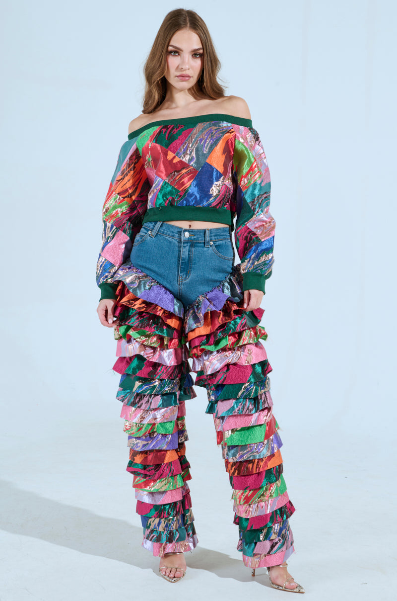 LIFE IS BUT A DREAM OFF THE SHOULDER MULTI PRINT SWEATSHIRT – AKIRA