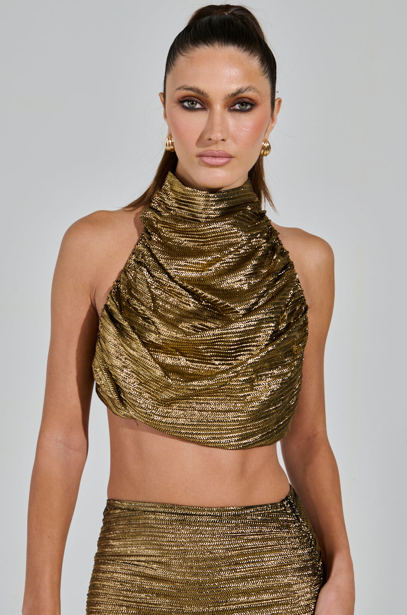 MIAMI NIGHTS HALTER NECK TIE TOP IN GOLD – AKIRA