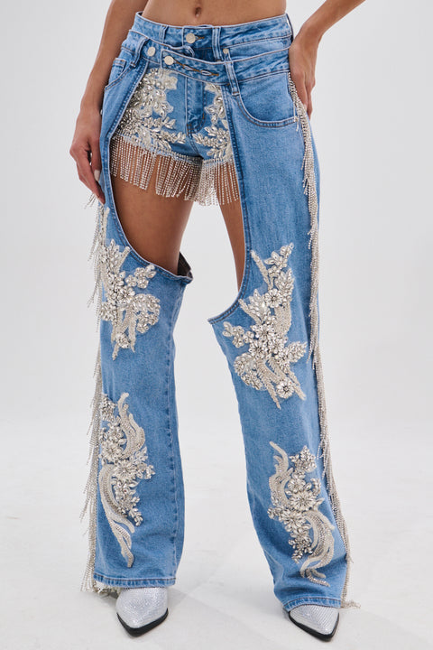 DIVALICIOUS DENIM CHAPS IN LIGHT BLUE – AKIRA