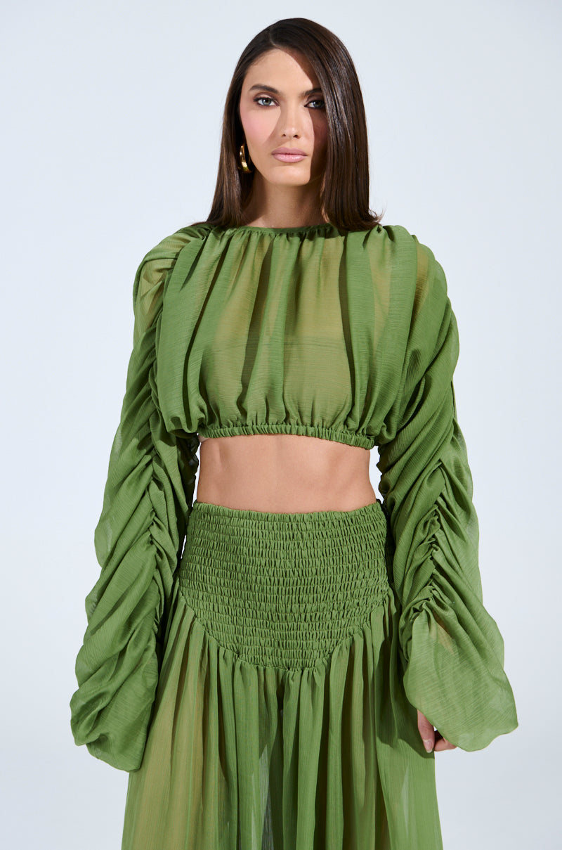 LAURA RUCHED CROPPED BLOUSE IN GREEN – AKIRA