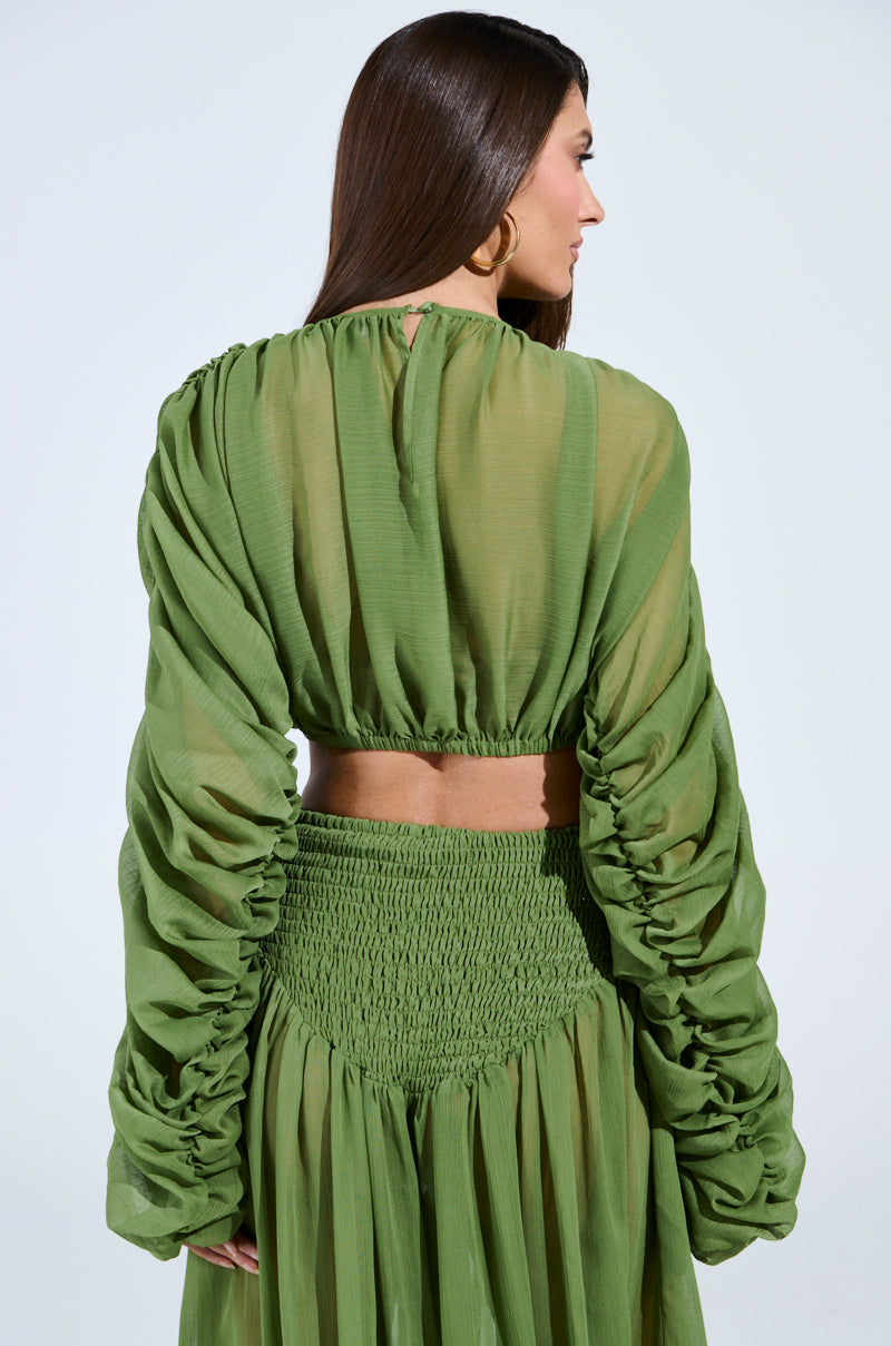 LAURA RUCHED CROPPED BLOUSE IN GREEN – AKIRA