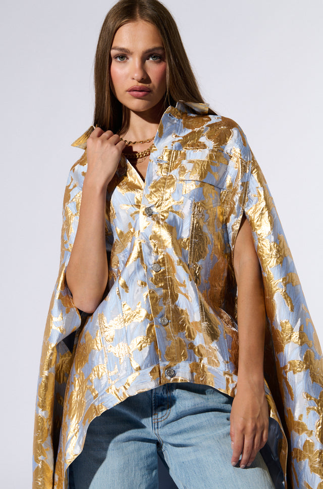 OASIS HIGH LOW BROCADE CAPE – AKIRA