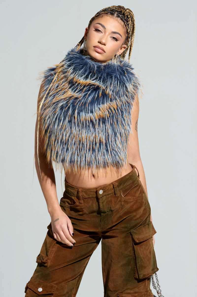 HEADED TO ASPEN SLEEVELESS FUR TOP IN BLUE – AKIRA