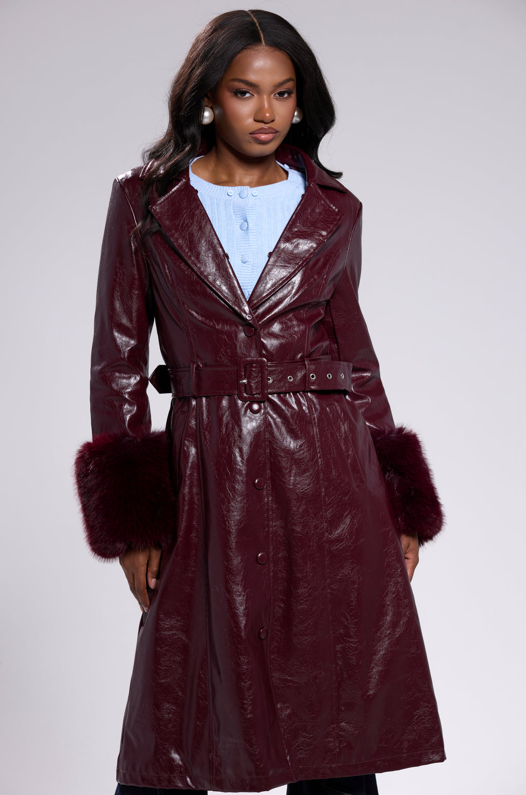 KAYA FUR TRIM TRENCH IN BURGUNDY – AKIRA