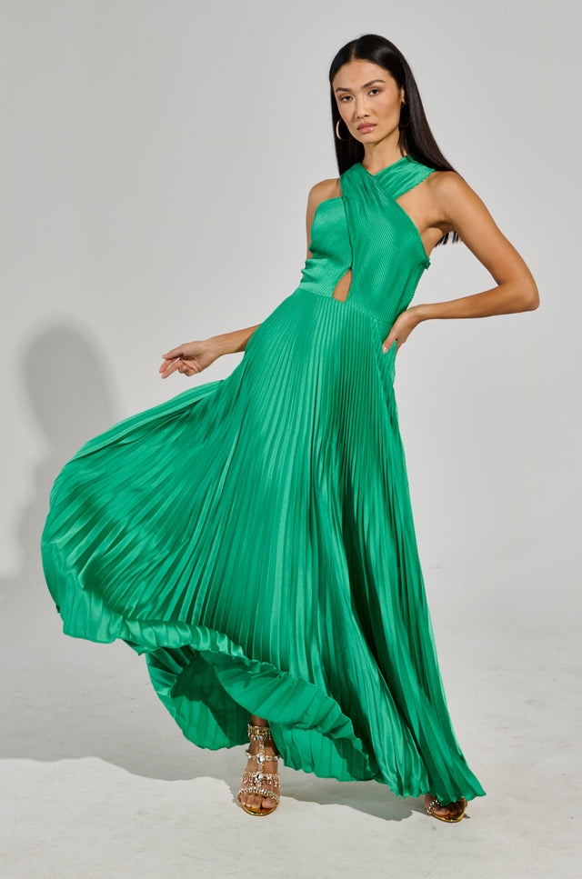 ALWAYS THE GUEST PLEATED MAXI DRESS IN KELLY GREEN – AKIRA