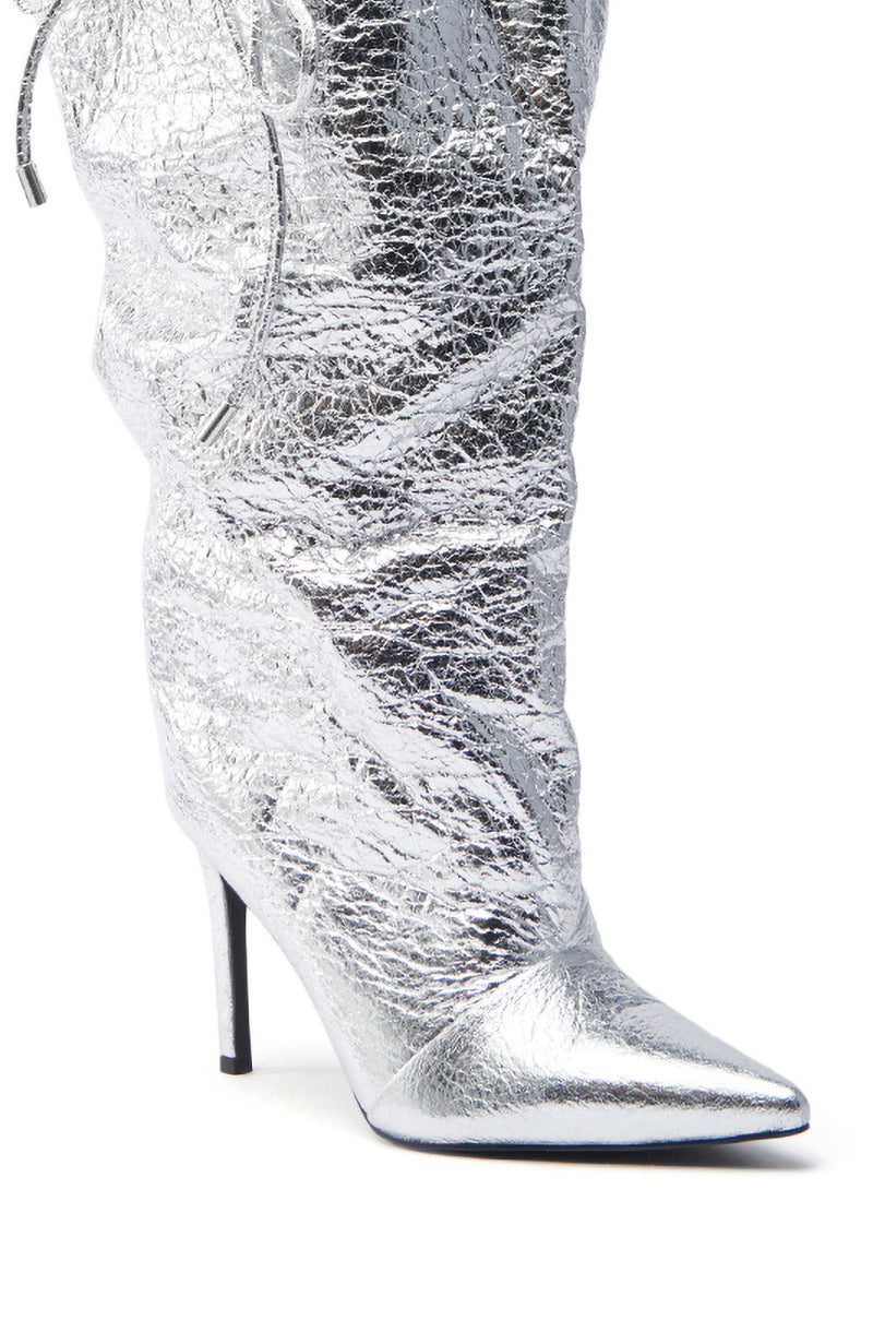 AZALEA WANG MARIT SILVER CRACKLE BOOT WITH CINCHING MECHANISM – AKIRA