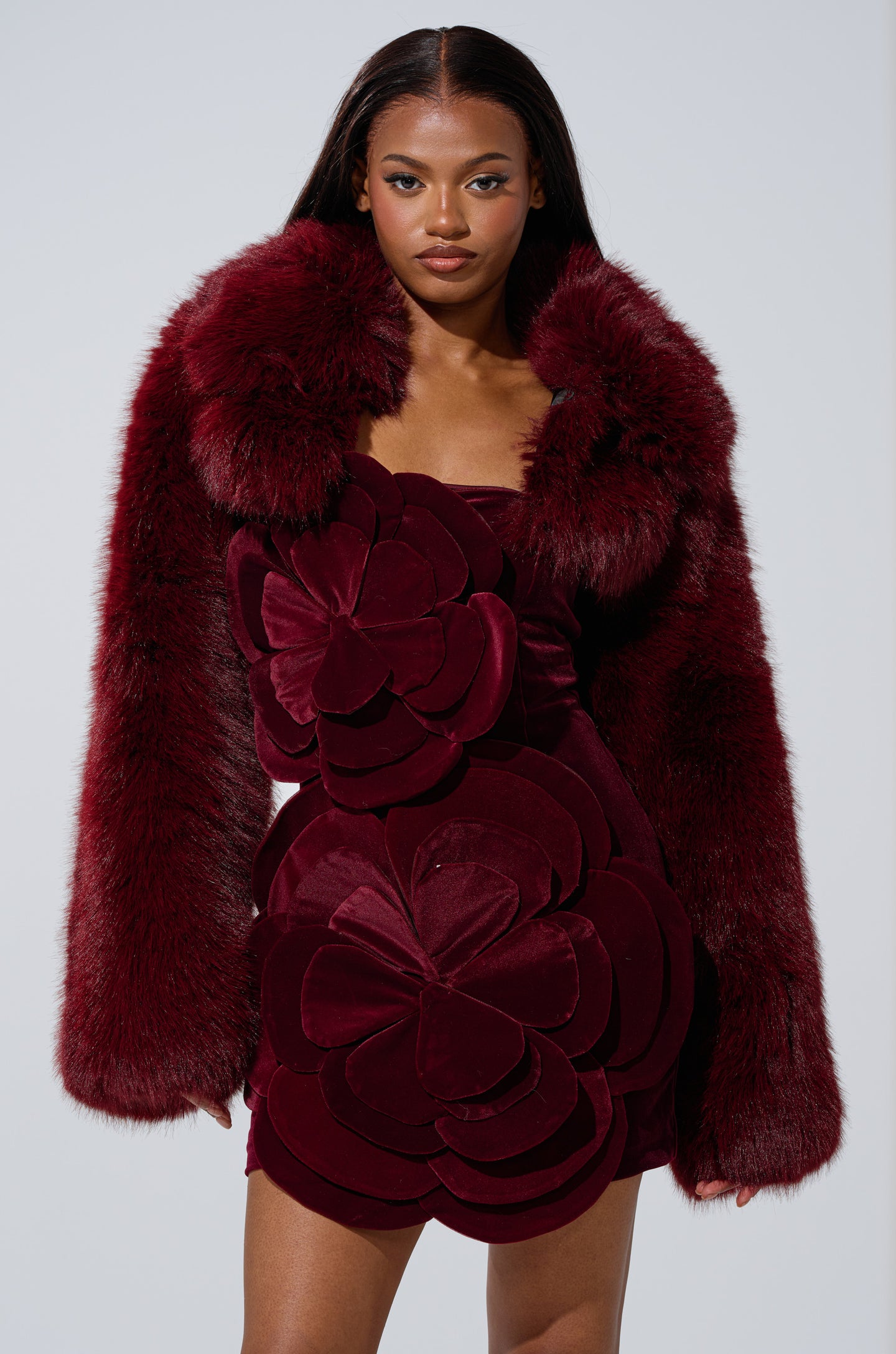 LEILA ULTRA CROP FAUX FUR IN BURGUNDY – AKIRA