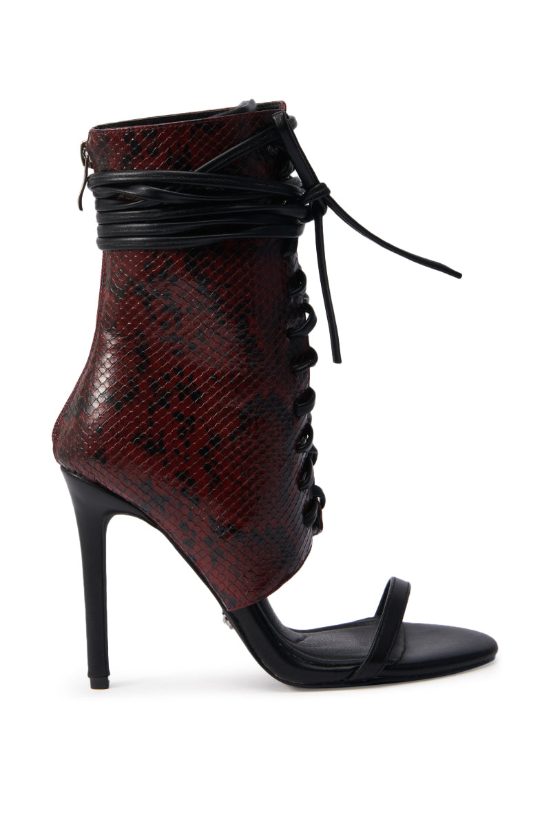 AZALEA WANG NOLYN BURGUNDY SNAKE OPEN TOE BOOTIE – AKIRA