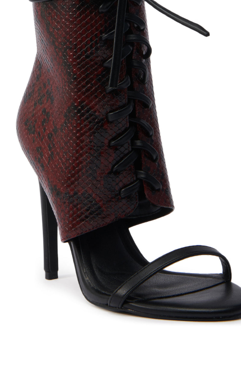 AZALEA WANG NOLYN BURGUNDY SNAKE OPEN TOE BOOTIE – AKIRA