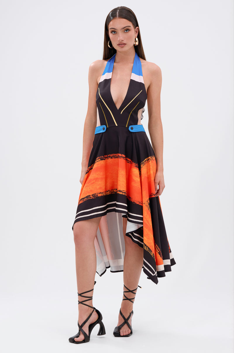 SASHA COLOR BLOCKED MIDI DRESS – AKIRA