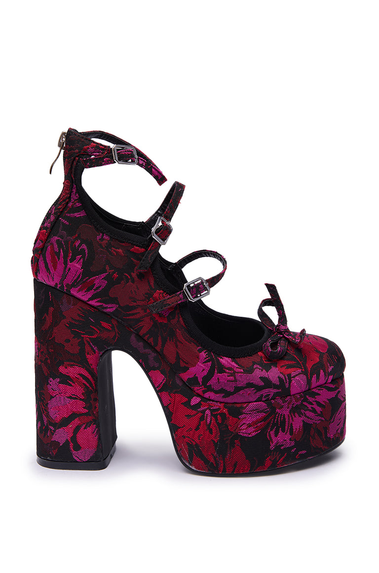AZALEA WANG SPROUT RED MULTI FLORAL BROCADE MARY JANE PLATFORM PUMP – AKIRA