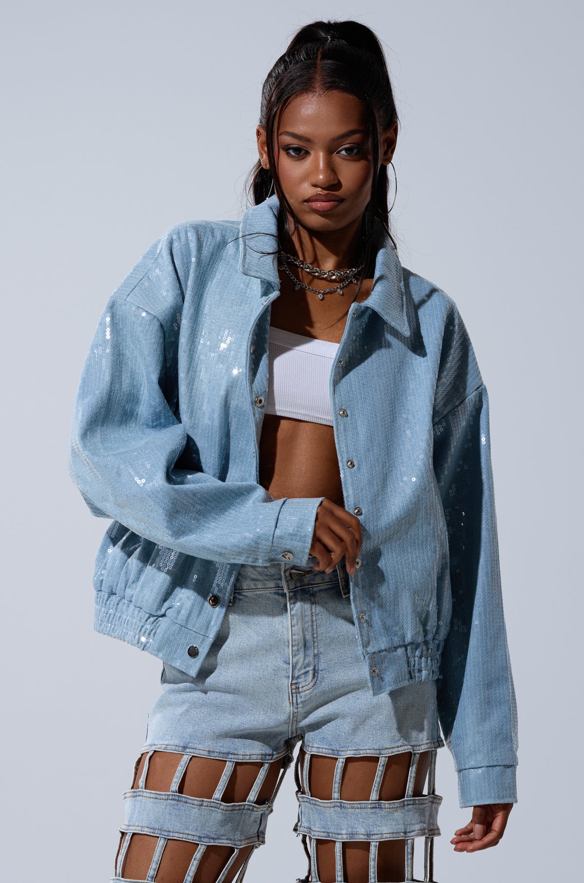 SEQUIN OVERLAY DENIM BOMBER – AKIRA