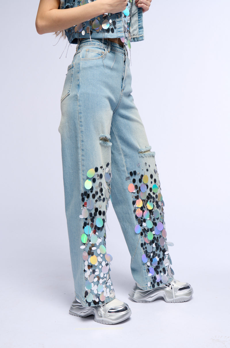A GIRL NAMED LUCKY EMBELLISHED WIDE LEG RIPPED JEANS – AKIRA