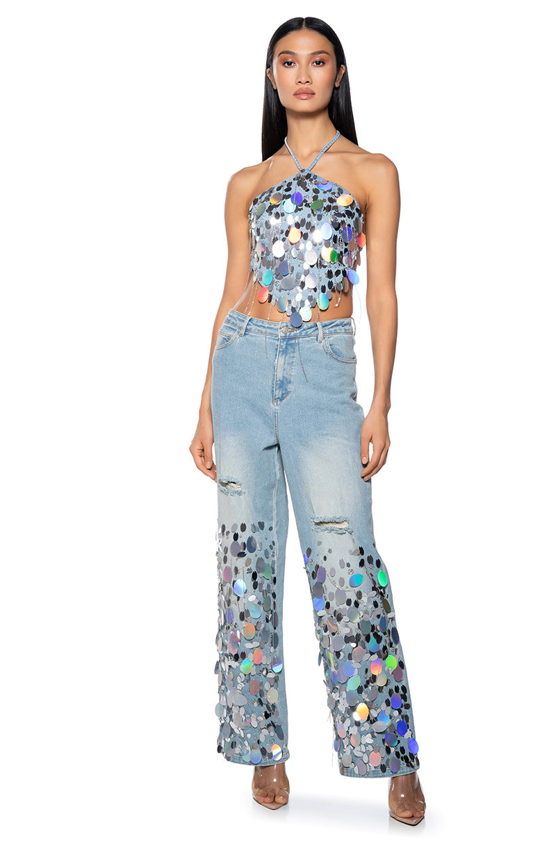 A GIRL NAMED LUCKY EMBELLISHED WIDE LEG RIPPED JEANS – AKIRA