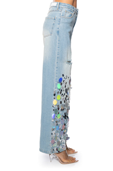A GIRL NAMED LUCKY EMBELLISHED WIDE LEG RIPPED JEANS – AKIRA