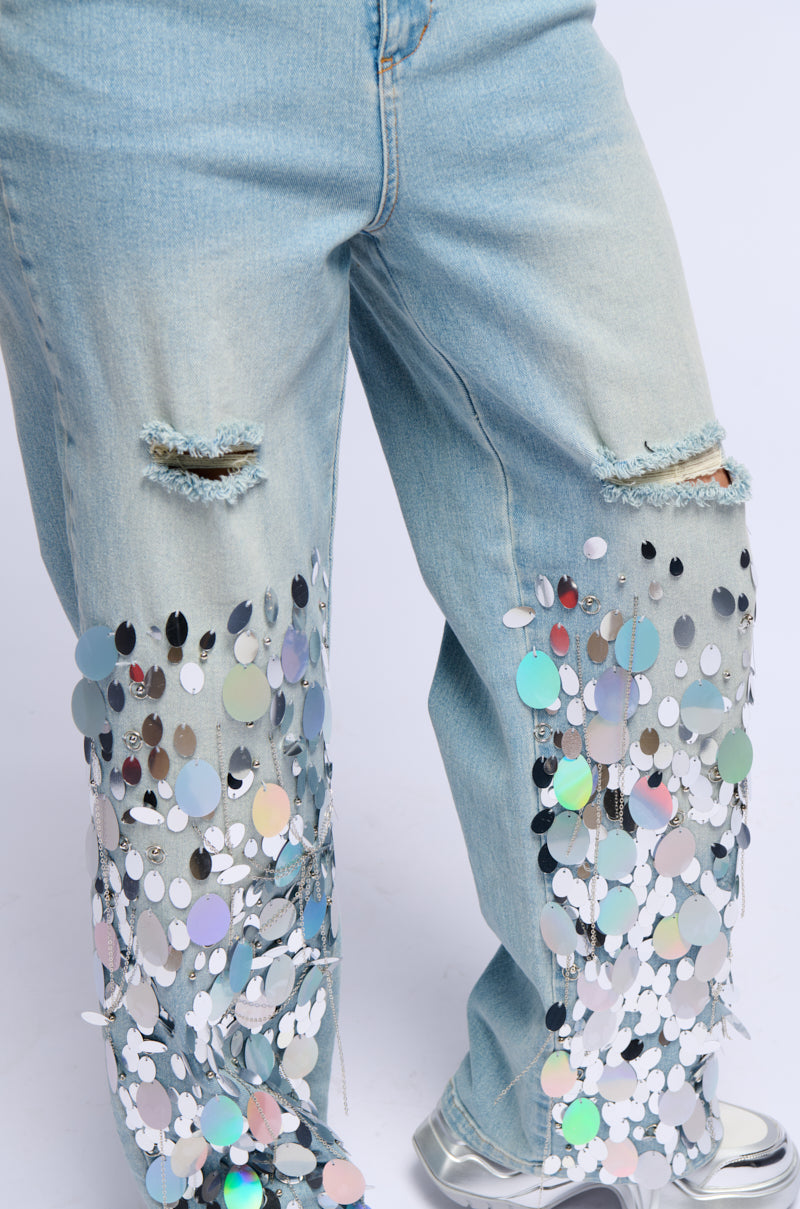 A GIRL NAMED LUCKY EMBELLISHED WIDE LEG RIPPED JEANS – AKIRA