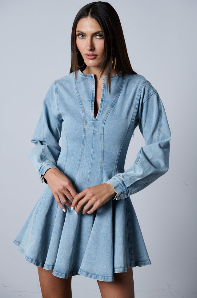ALL ABOUT MY BUSINESS DENIM MINI DRESS – AKIRA