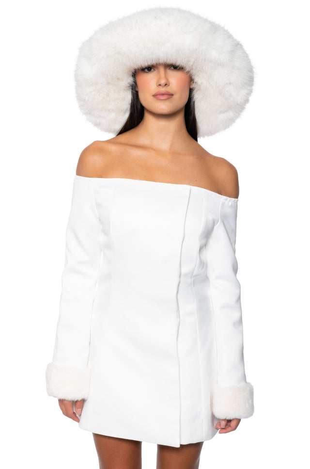 APRES SKI OFF SHOULDER FAUX FUR MINI DRESS – AKIRA