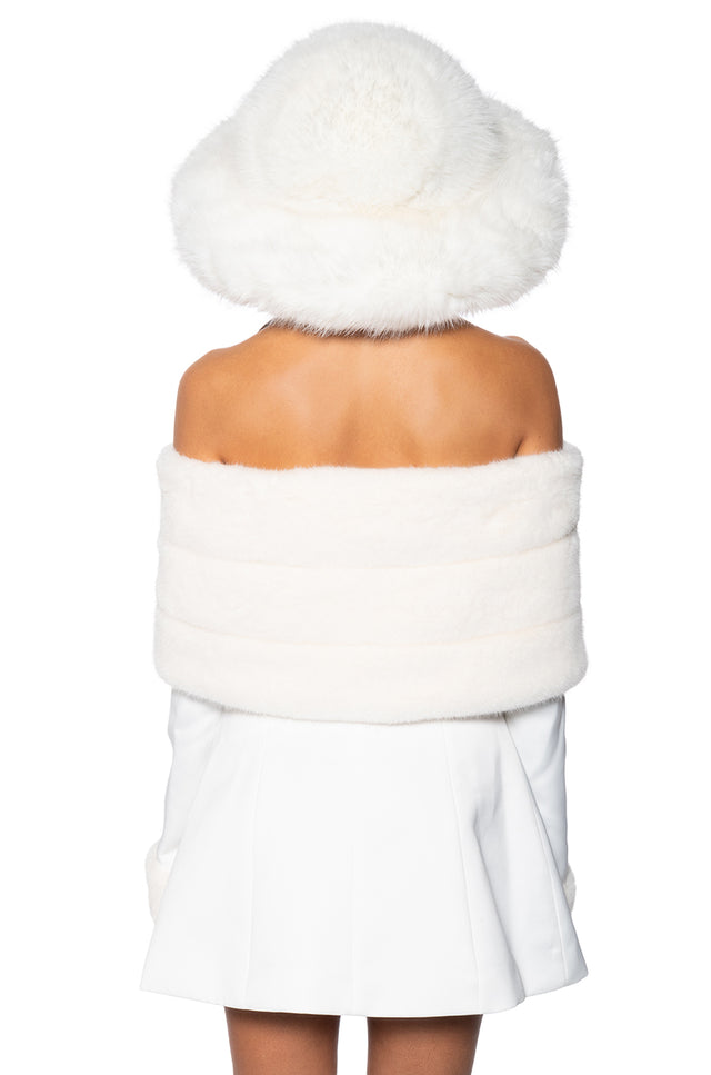 APRES SKI OFF SHOULDER FAUX FUR MINI DRESS – AKIRA
