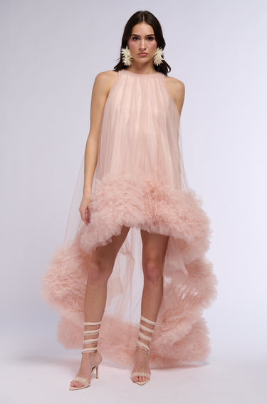 ARI TULLE RUFFLE HIGH LOW MINI DRESS IN BLUSH – AKIRA