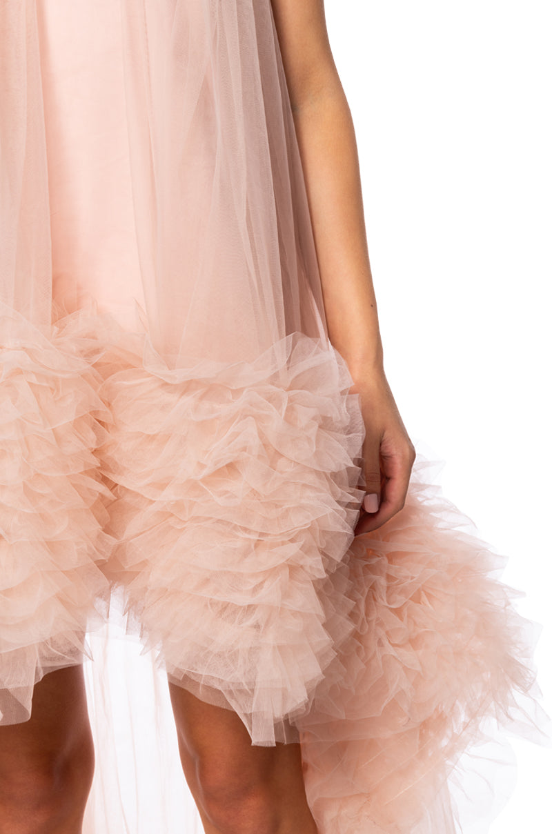 ARI TULLE RUFFLE HIGH LOW MINI DRESS IN BLUSH – AKIRA