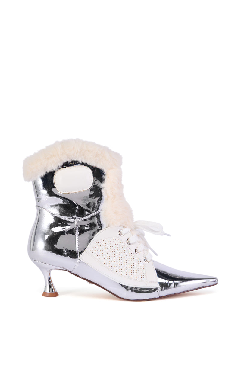 AZALEA WANG CONTESSA SILVER CHROME BOOTIE WITH FUR TRIM – AKIRA