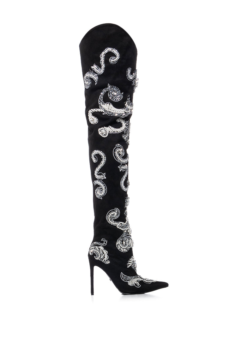 AZALEA WANG EMMETT BEADED EMBELLISHED THIGH HIGH WESTERN BOOT IN BLACK – AKIRA