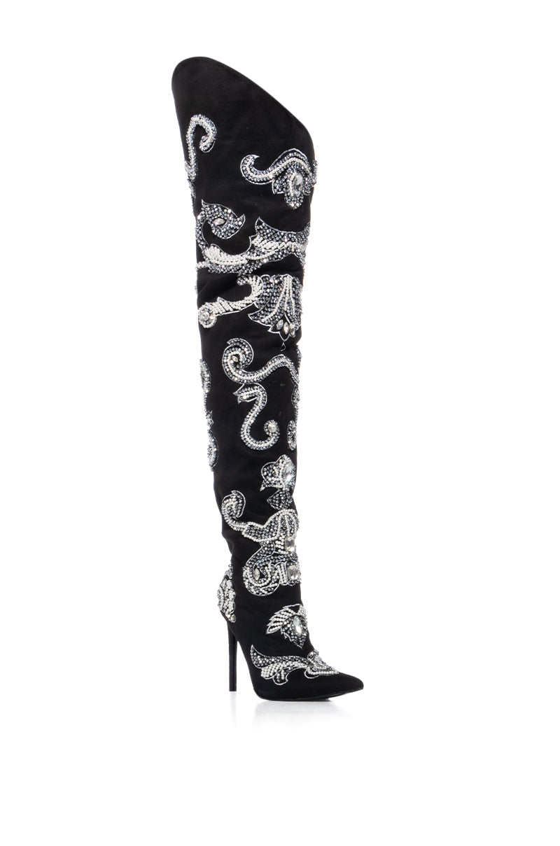 AZALEA WANG EMMETT BEADED EMBELLISHED THIGH HIGH WESTERN BOOT IN BLACK – AKIRA