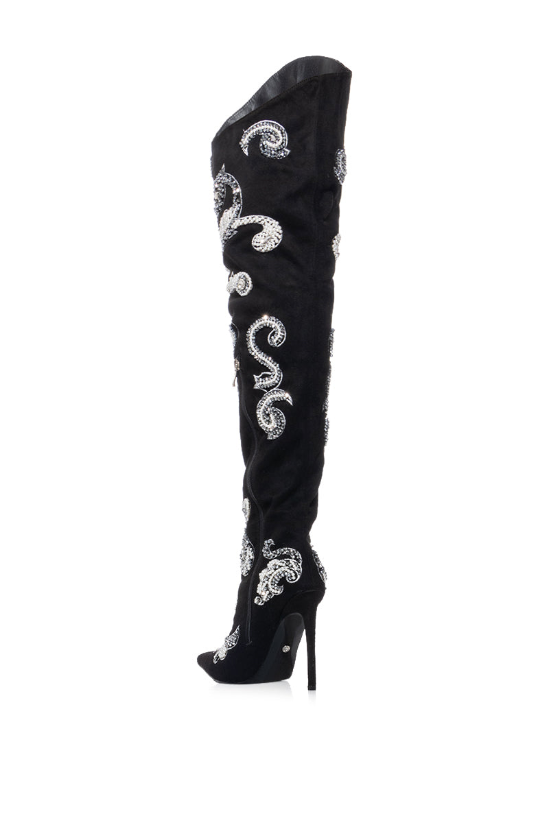 AZALEA WANG EMMETT BEADED EMBELLISHED THIGH HIGH WESTERN BOOT IN BLACK – AKIRA