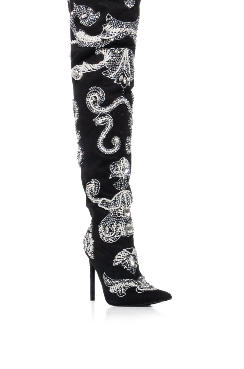 AZALEA WANG EMMETT BEADED EMBELLISHED THIGH HIGH WESTERN BOOT IN BLACK – AKIRA