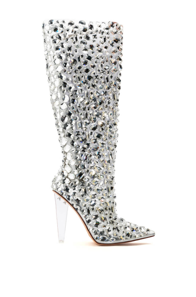 AZALEA WANG HONEY EMBELLISHED PVC CHUNKY BOOT IN SILVER – AKIRA