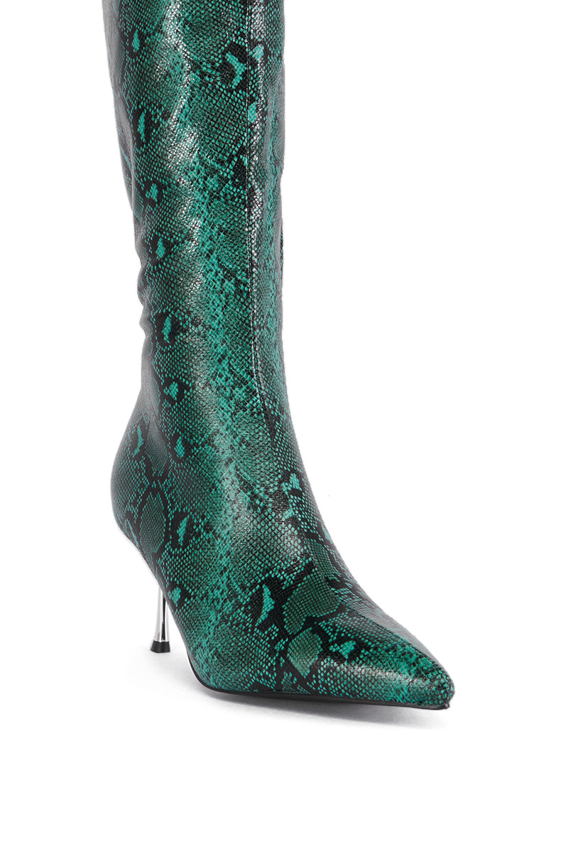 AZALEA WANG JACARANDA GREEN SNAKE EMBOSSED EMBELLISHED HEEL BOOT – AKIRA