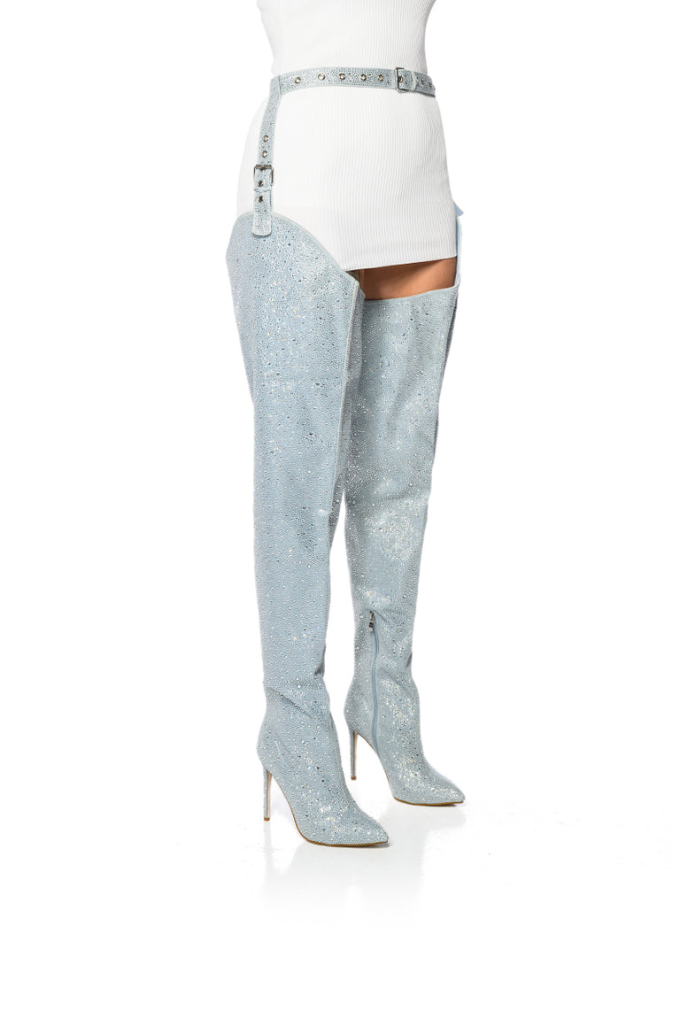 AZALEA WANG JINNY EMBELLISHED THIGH HIGH DENIM CHAP BOOT IN SILVER – AKIRA