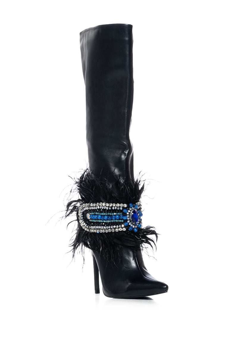 AZALEA WANG LEAD THE WAY FEATHER EMBELLISHED KNEE HIGH BOOT IN BLACK – AKIRA